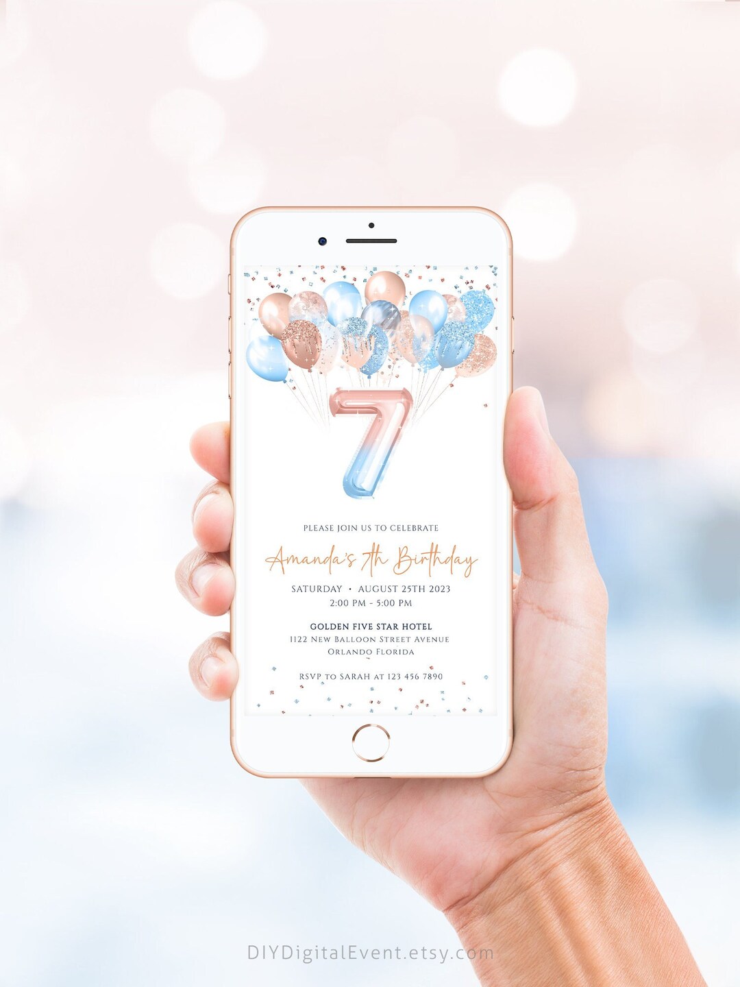Editable 7th Birthday Invitation Electronic Rose Gold Blue Balloons 7th ...
