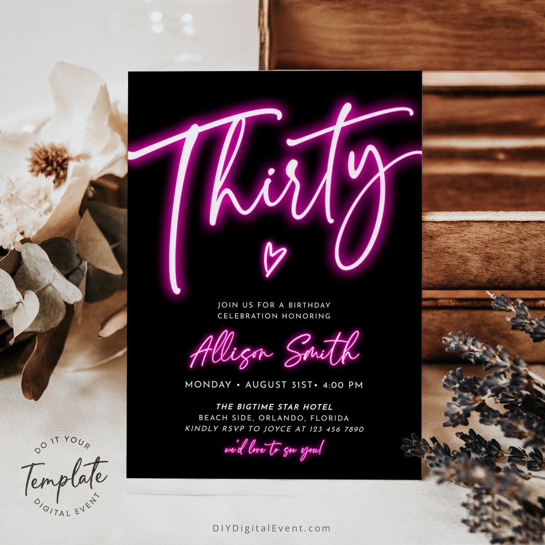 Neon 30th Birthday Invitation Template Printable Simple 30th Birthday ...