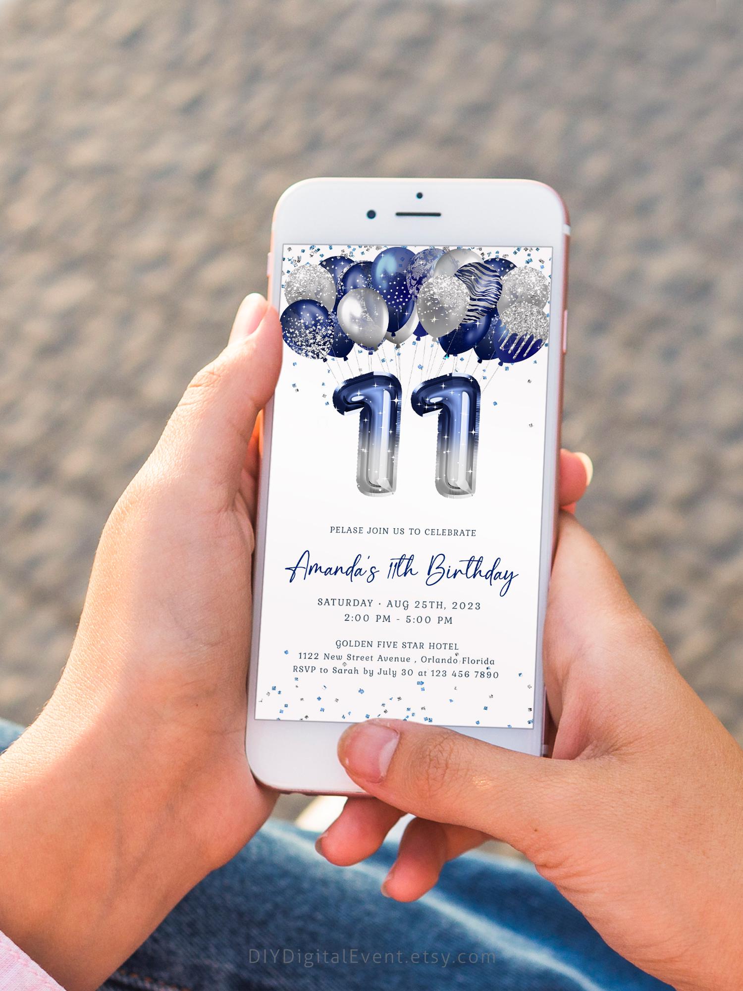 Editable 11th Birthday Invitation Template Navy Blue and Silver ...