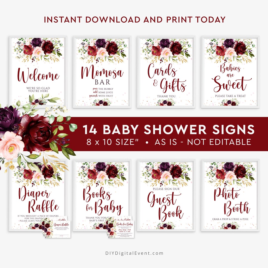 Burgundy Floral Baby Shower Signs Bundle Burgundy Flower Signs Set ...