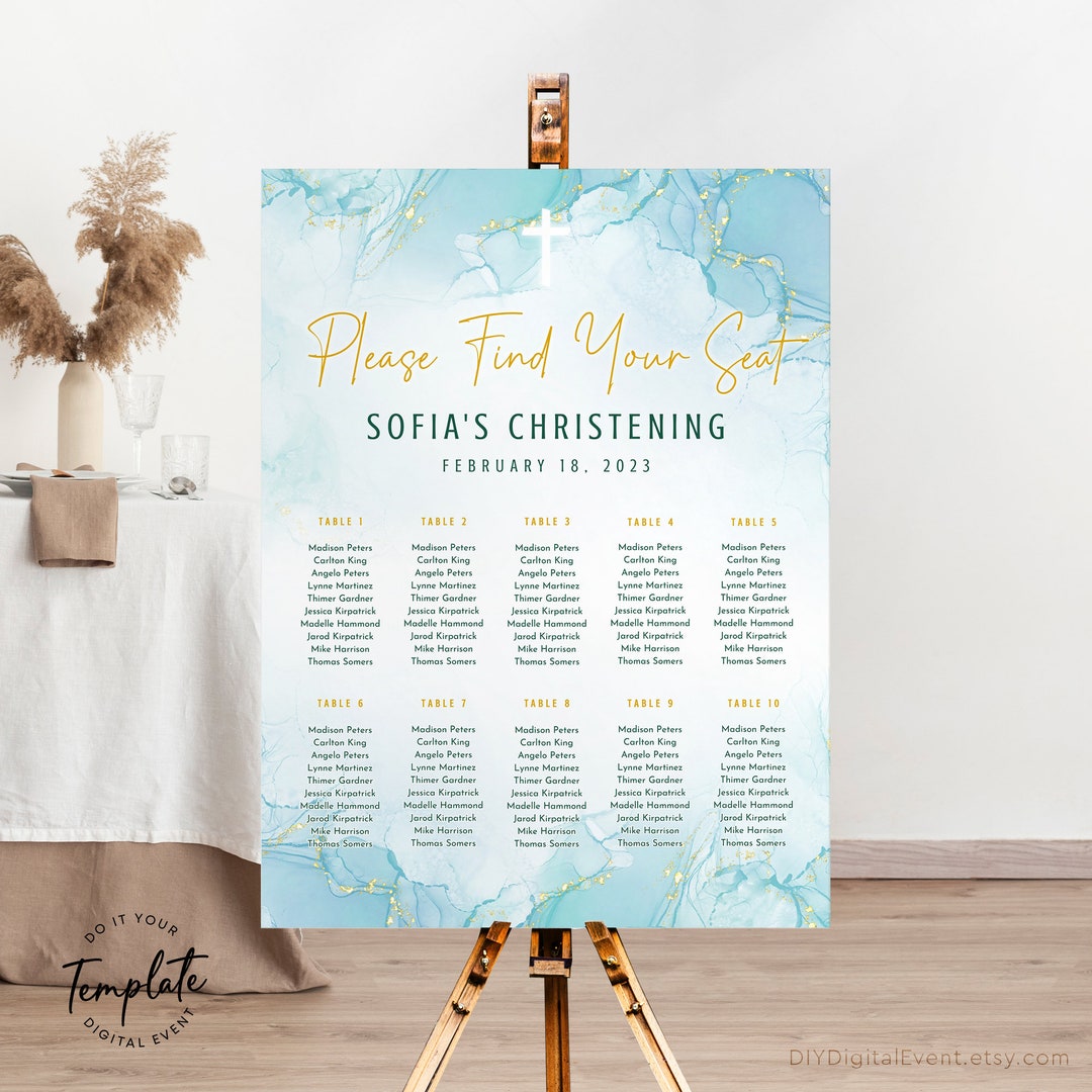 Editable Seating Chart Template Aqua Gold Baptism Seating Plan ...