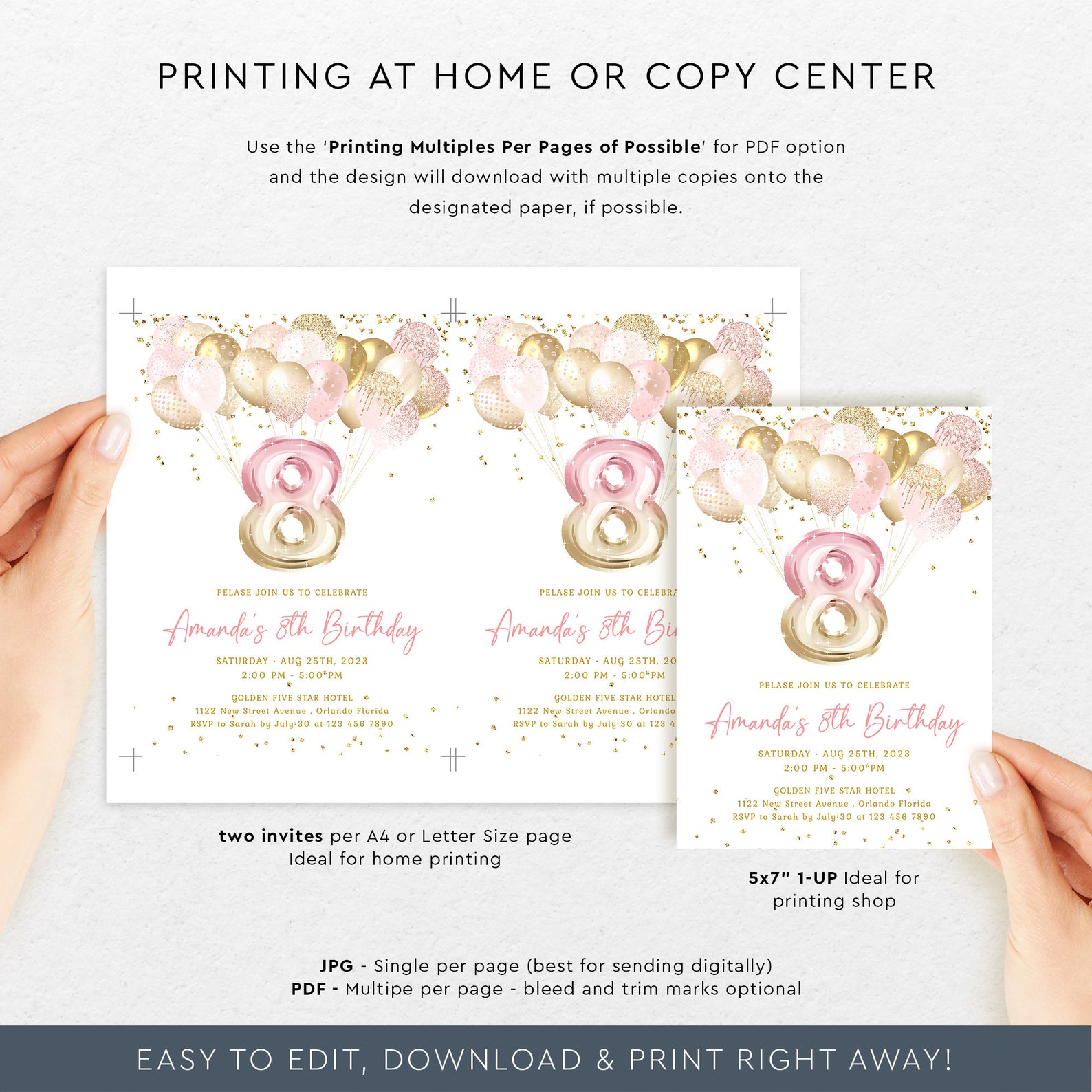 Editable 8th Birthday Invitation Template Gold Pink Glittery Balloons ...