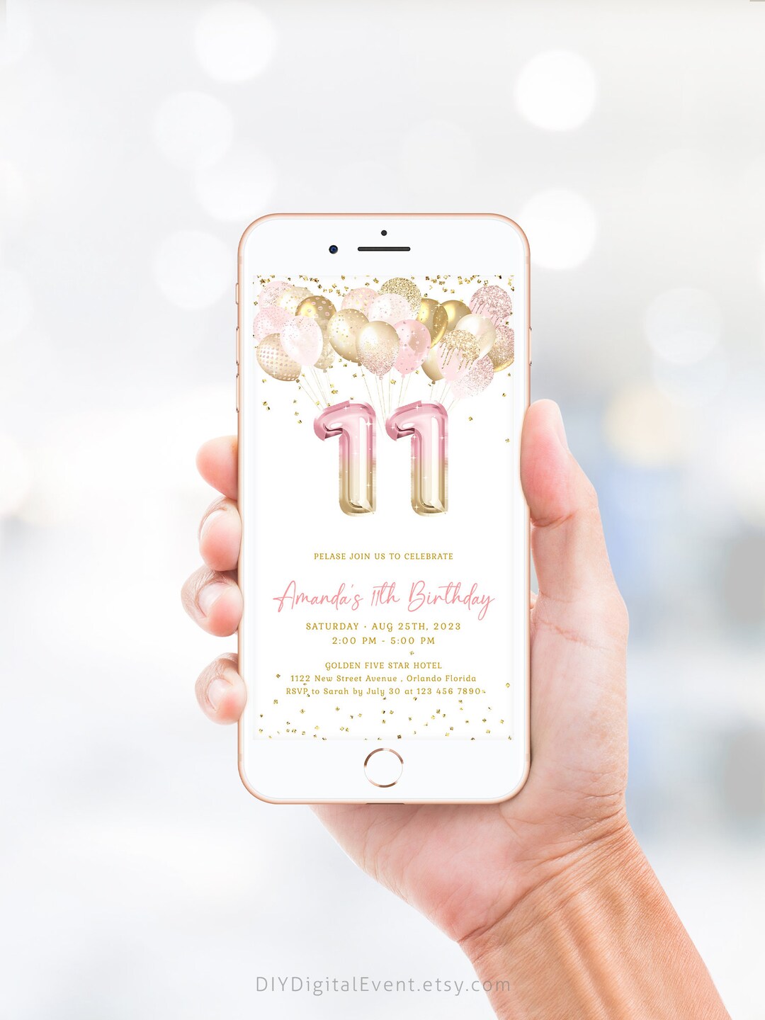 Electronic 11th Birthday Invitation Template Editable Gold Pink ...