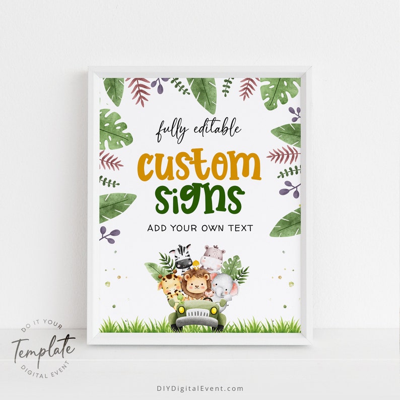 Safari Animals Custom Sign Template Editable Wild Animals Custom Sign ...