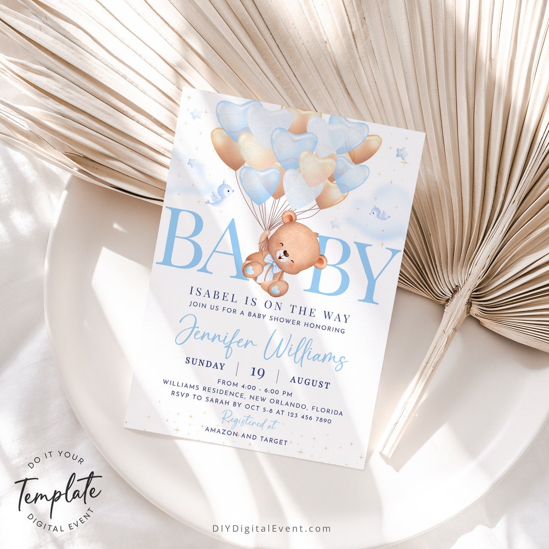 Editable Blue Bear Baby Shower Invitation Template Printable Balloon ...