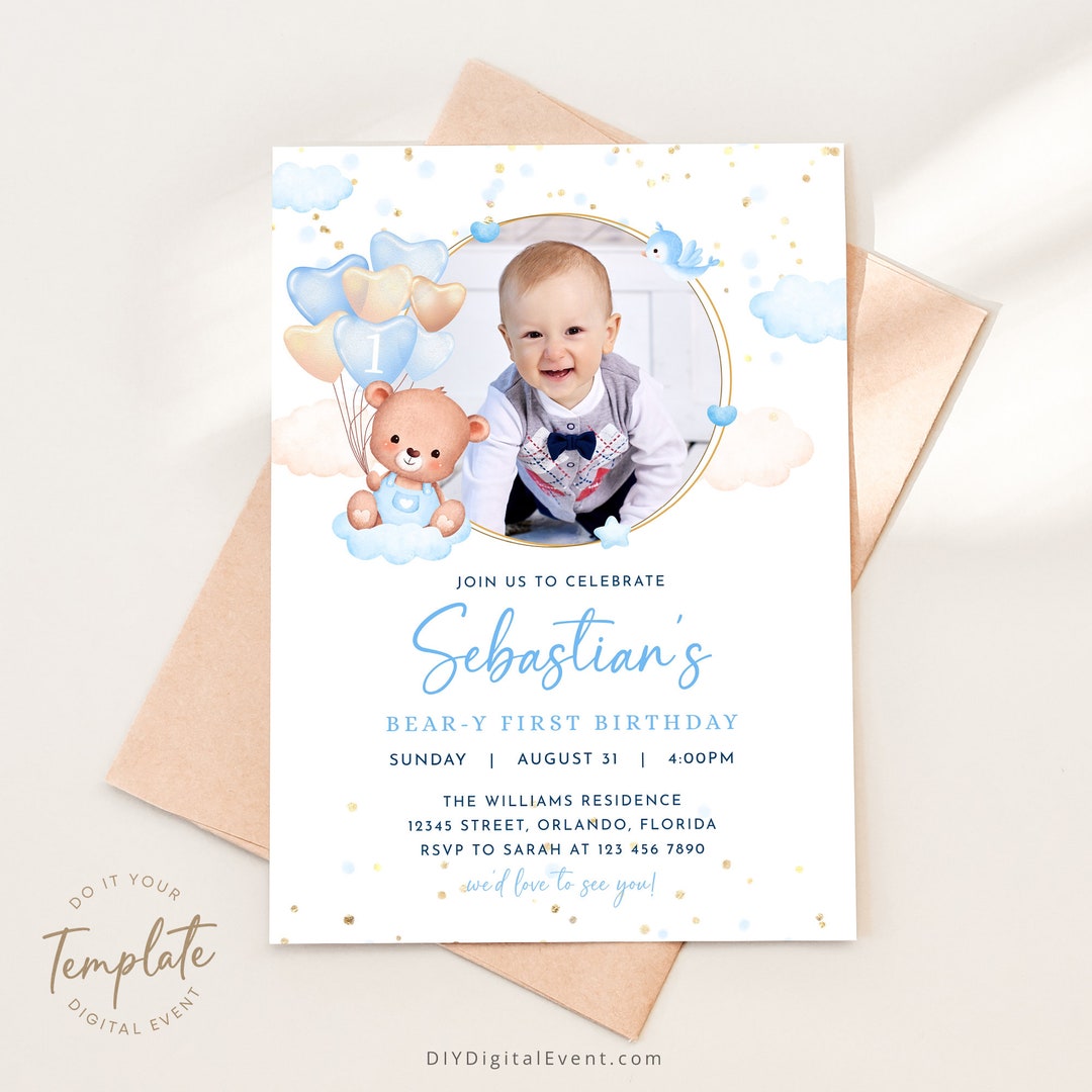 Editable Bear First Birthday Invitation Template Printable Beary Cute ...