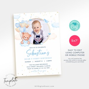 Editable Bear First Birthday Invitation Template Printable Beary Cute ...