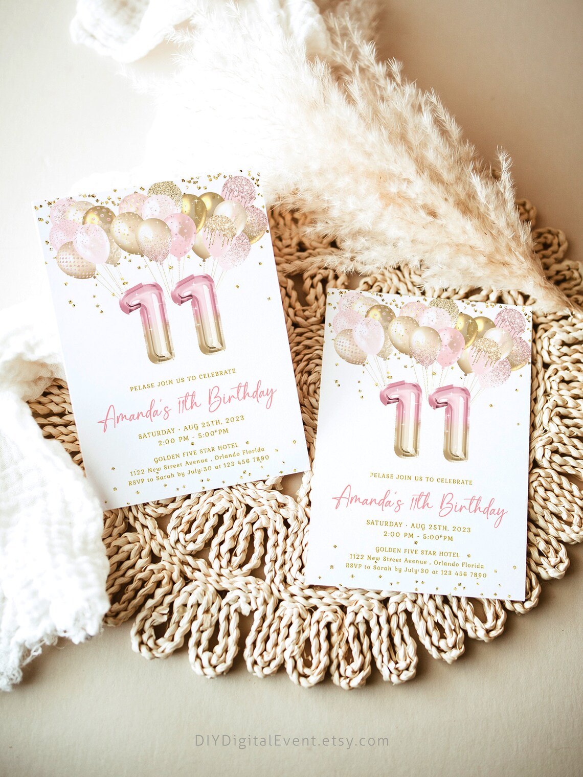 11th Birthday Invitation | Pink & Gold Glitter Balloon Evite | Editable ...