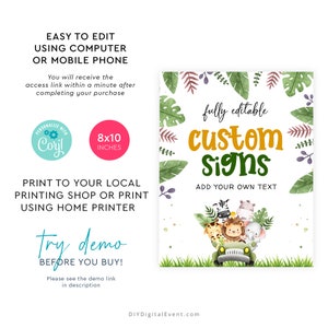 Safari Animals Custom Sign Template Editable Wild Animals Custom Sign ...