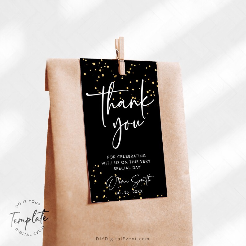 Minimalist Thank You Tag Template Editable Favor Tag Gold Glittery ...