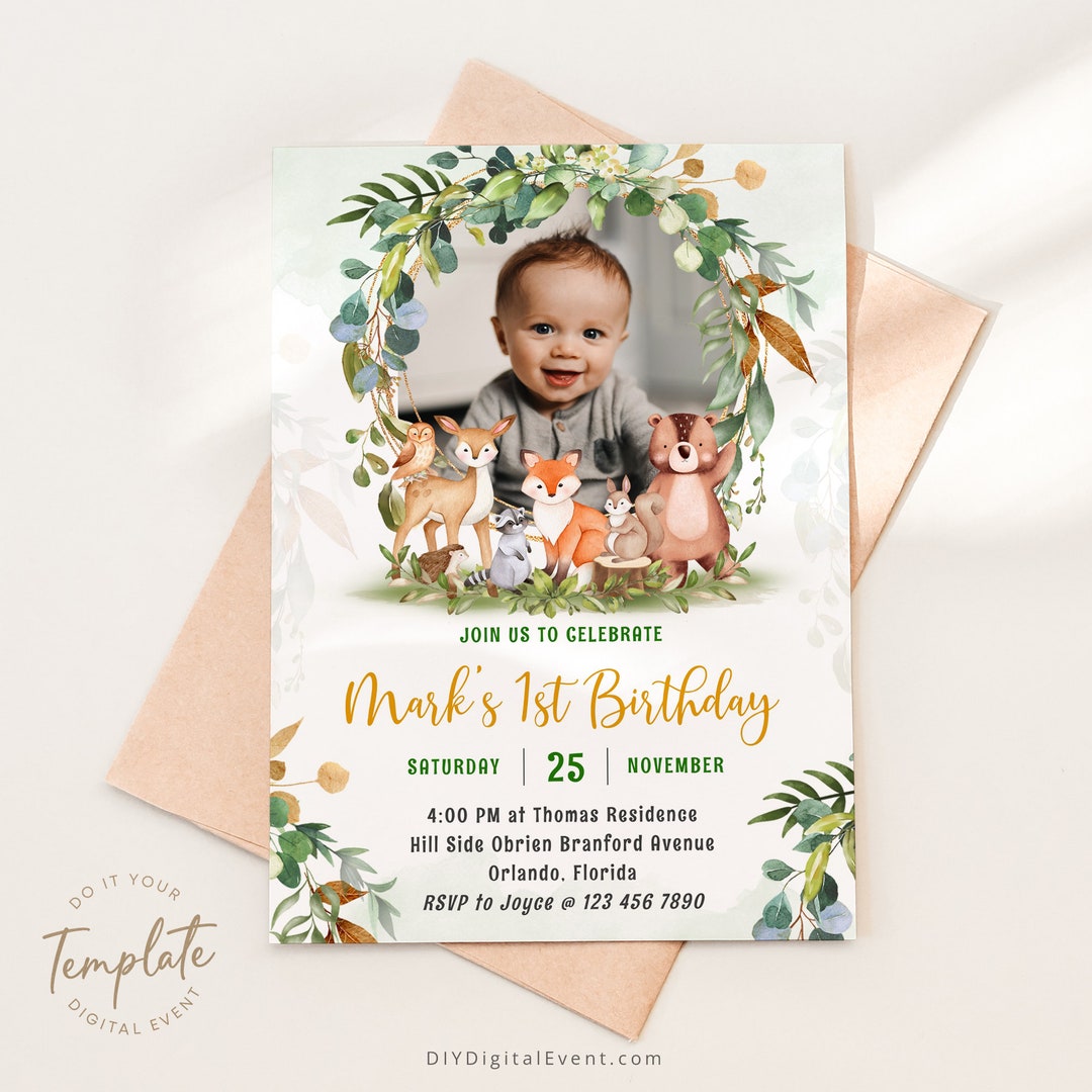 Editable Woodland Birthday Invitation Template Printable First Birthday ...