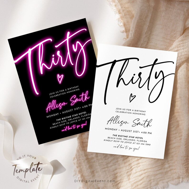 Neon 30th Birthday Invitation Template Printable Simple 30th Birthday ...