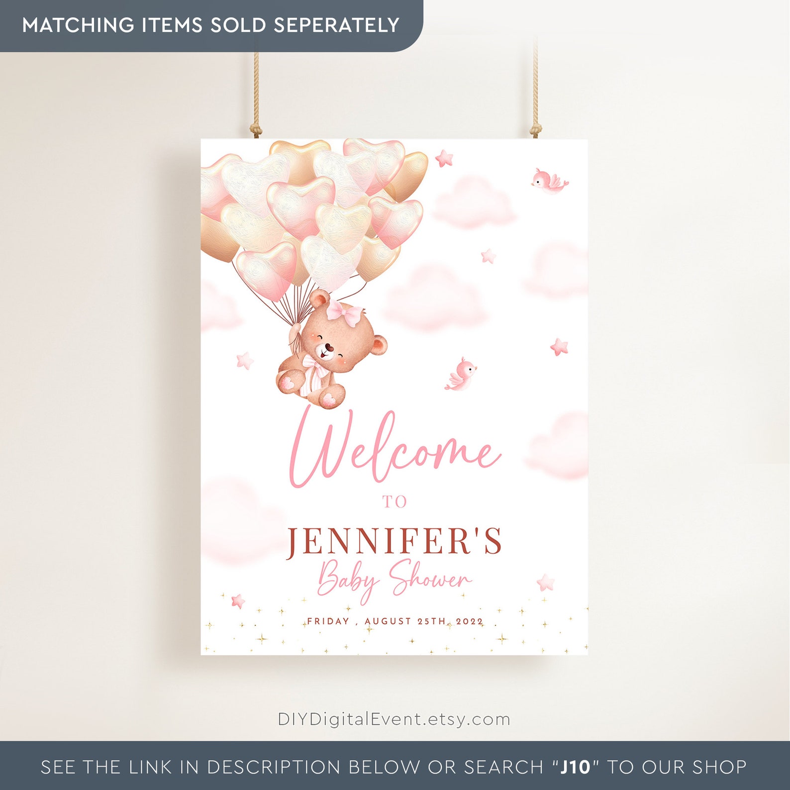 Teddy Bear Baby Shower Table Signs Bundle Printable Pink Bear Balloons ...