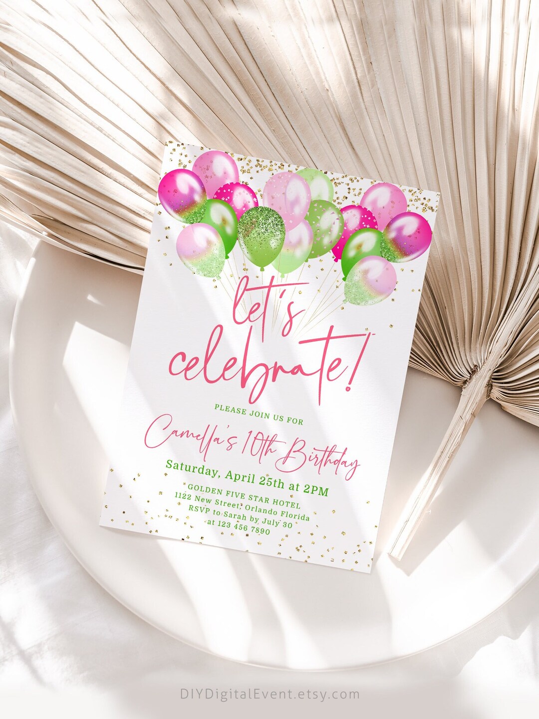 Editable Pink Green Birthday Invitation Template Printable Let's ...