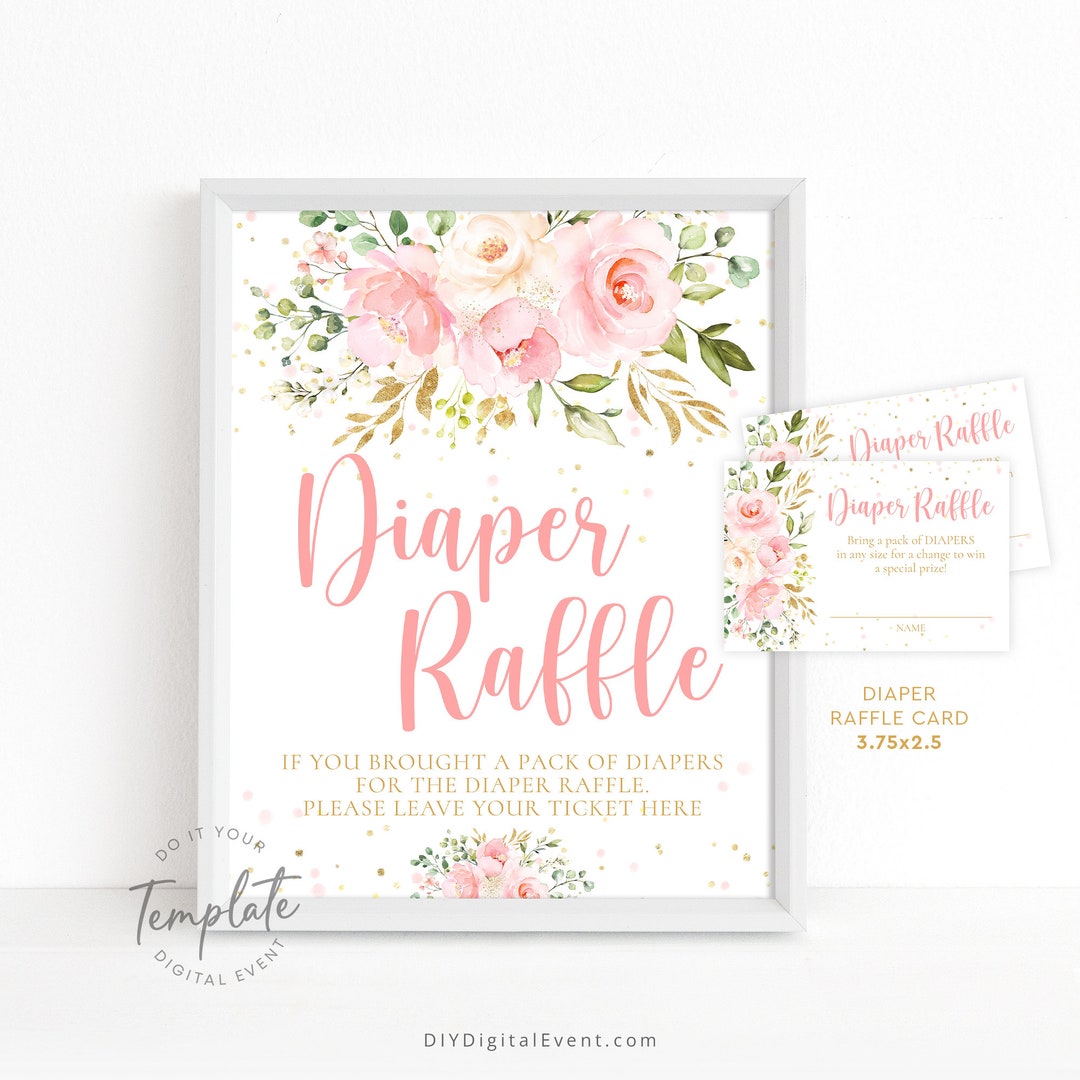 Baby Shower Diaper Raffles Sign and Raffle Tickets Blush Pink Floral ...