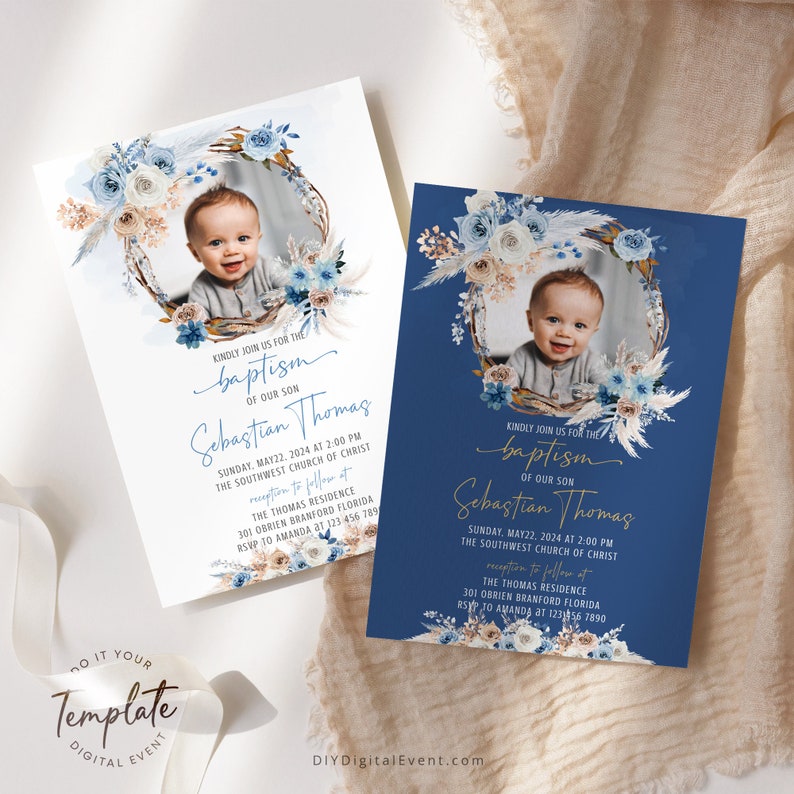 Editable Baptism Invitation Template Blue Boho Christening - Etsy