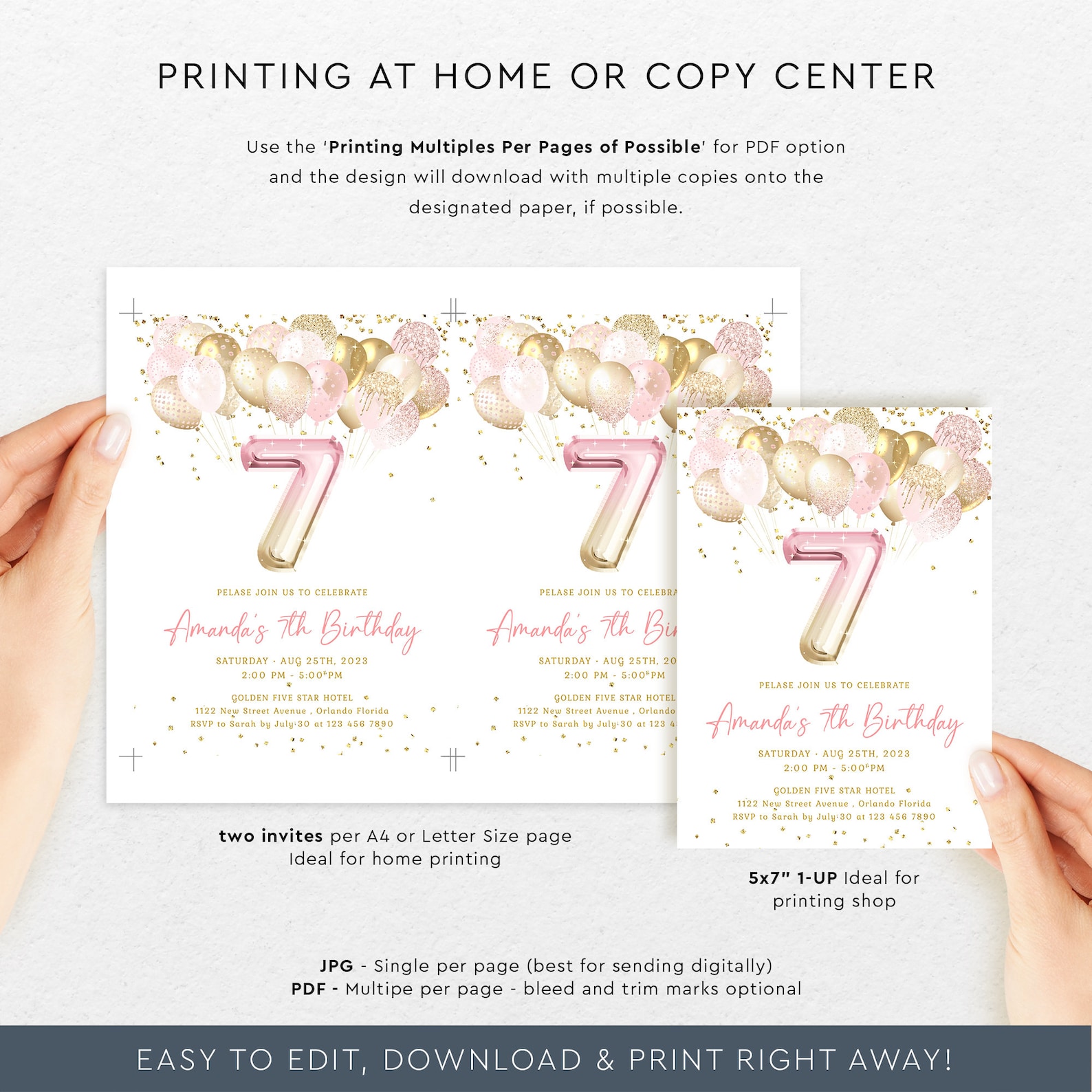 Editable 7th Birthday Invitation Template Gold Pink Glittery - Etsy