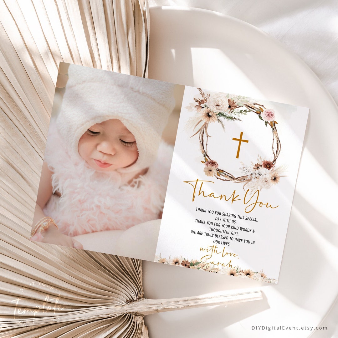 Editable Baptism Thank You Card Template Boho Christening Thank You ...