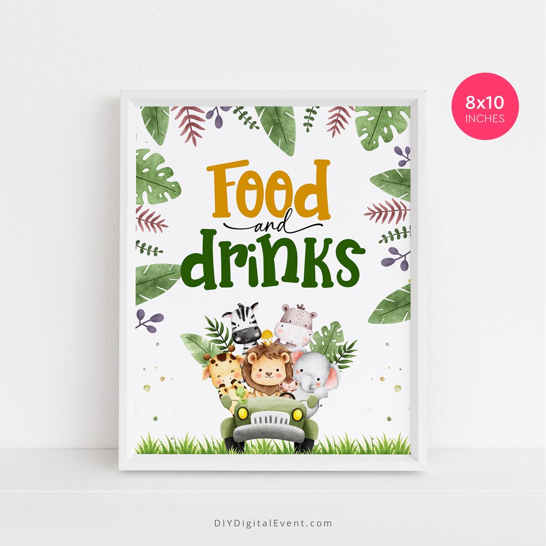 Safari Animals Food and Drinks Sign Printable Wild Animals Food and ...