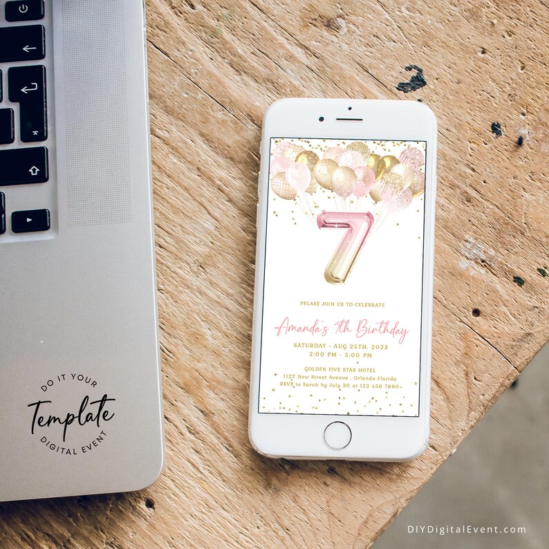 Editable 7th Birthday Invitation Template Gold Pink Glittery - Etsy