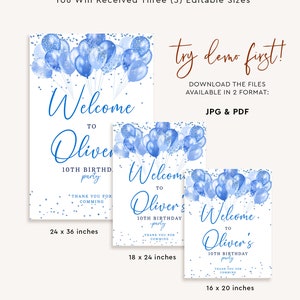 Blue Birthday Welcome Sign Template Editable Balloons Birthday Easel ...