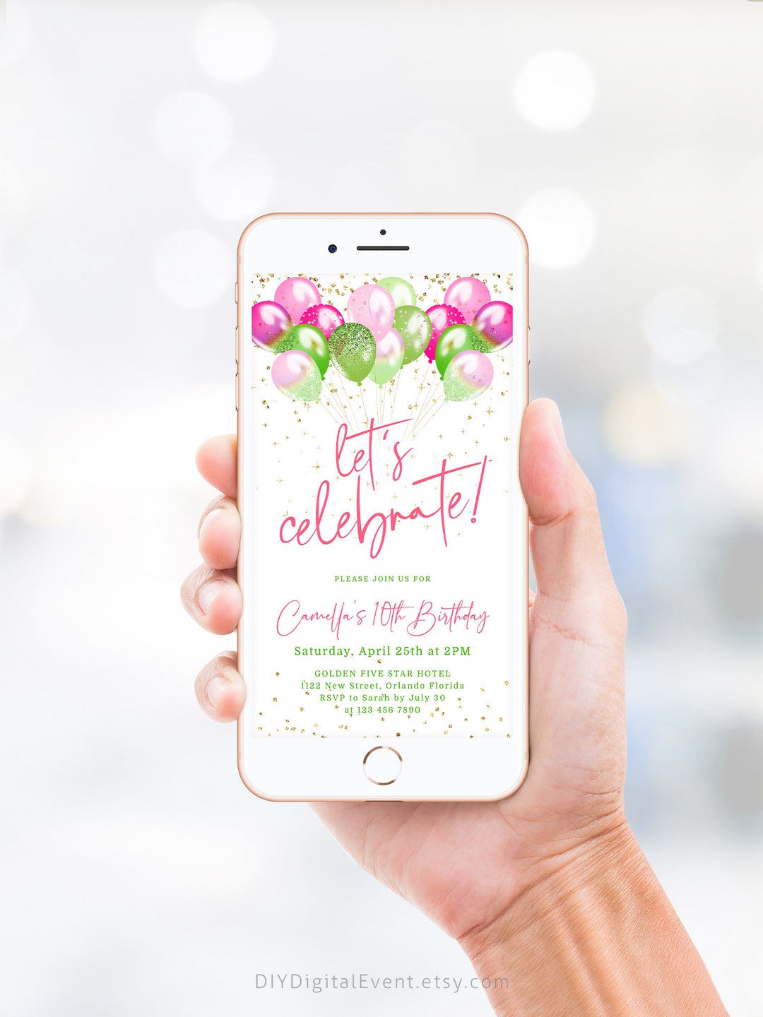 Editable Pink Green Birthday Invitation Template Electronic Let's ...
