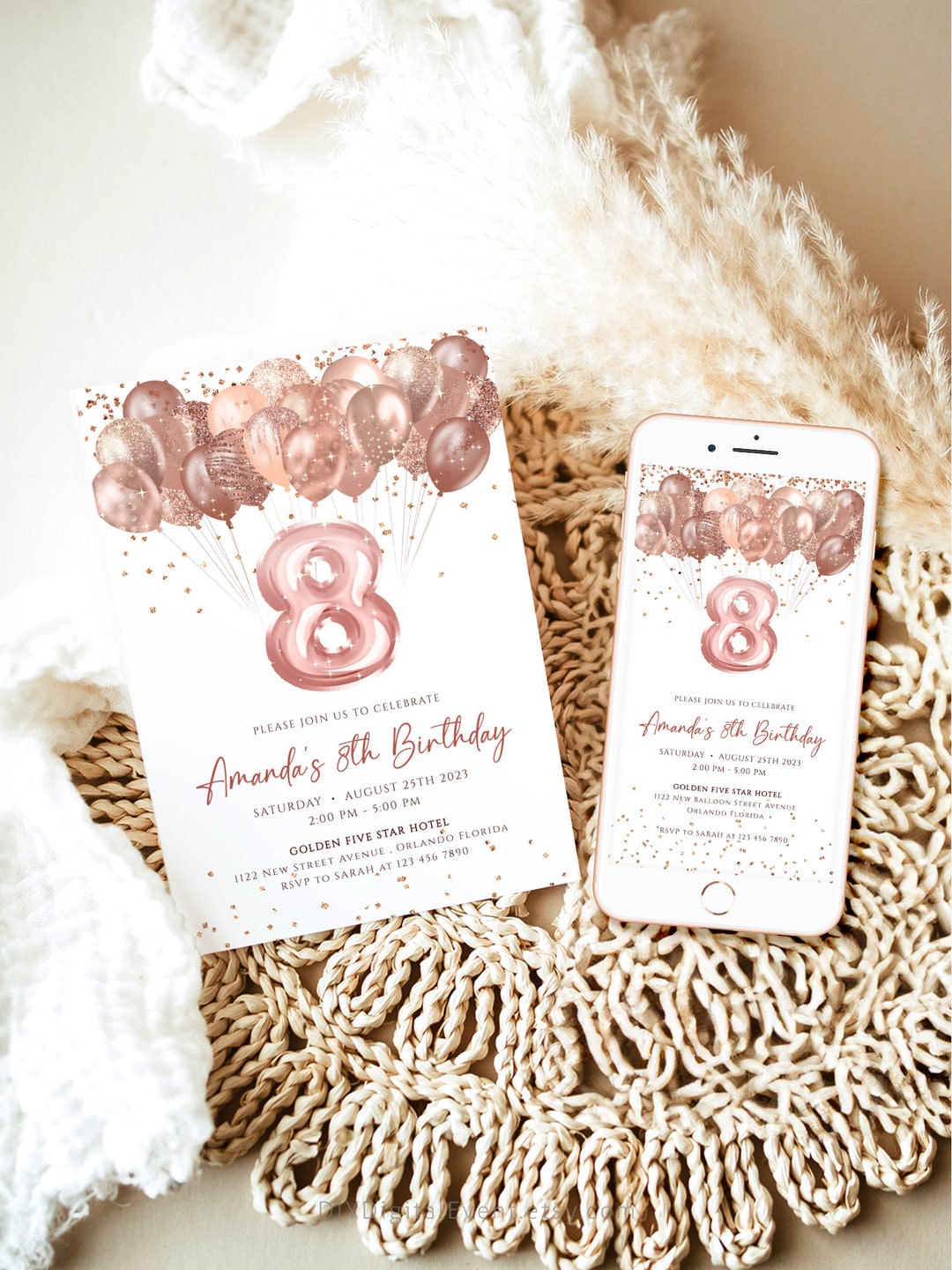 Rose Gold 8th Birthday Invitation Template Editable Eight Birthday ...