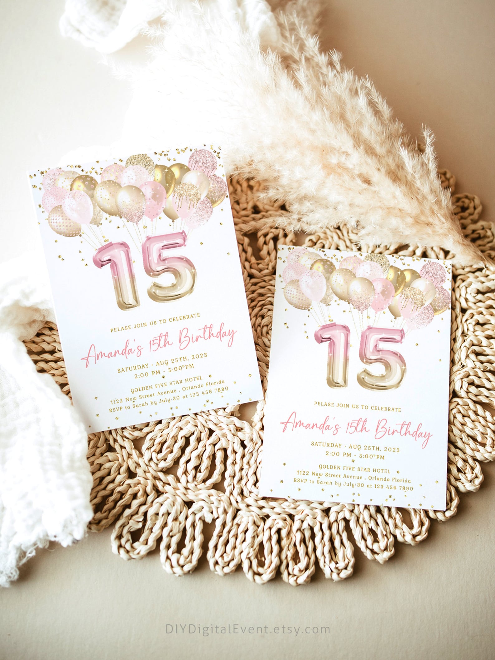 Electronic 15th Birthday Invitation Template Editable Gold Pink ...