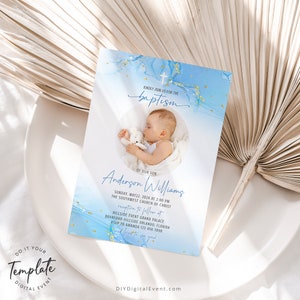 Editable Baptism Invitation Template Light Blue Christening Invitation ...