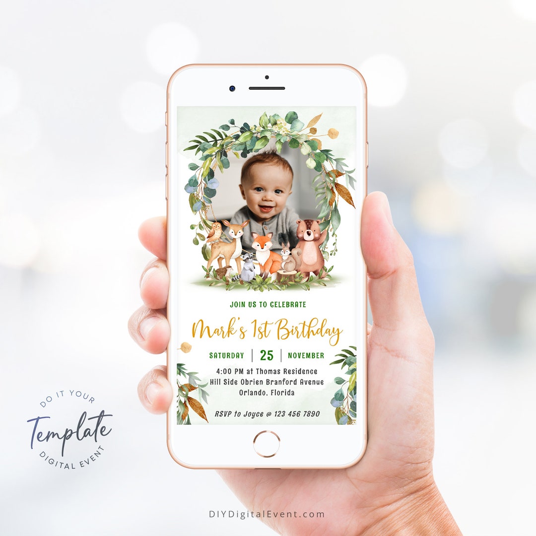 Editable Woodland Birthday Invitation Template Electronic First