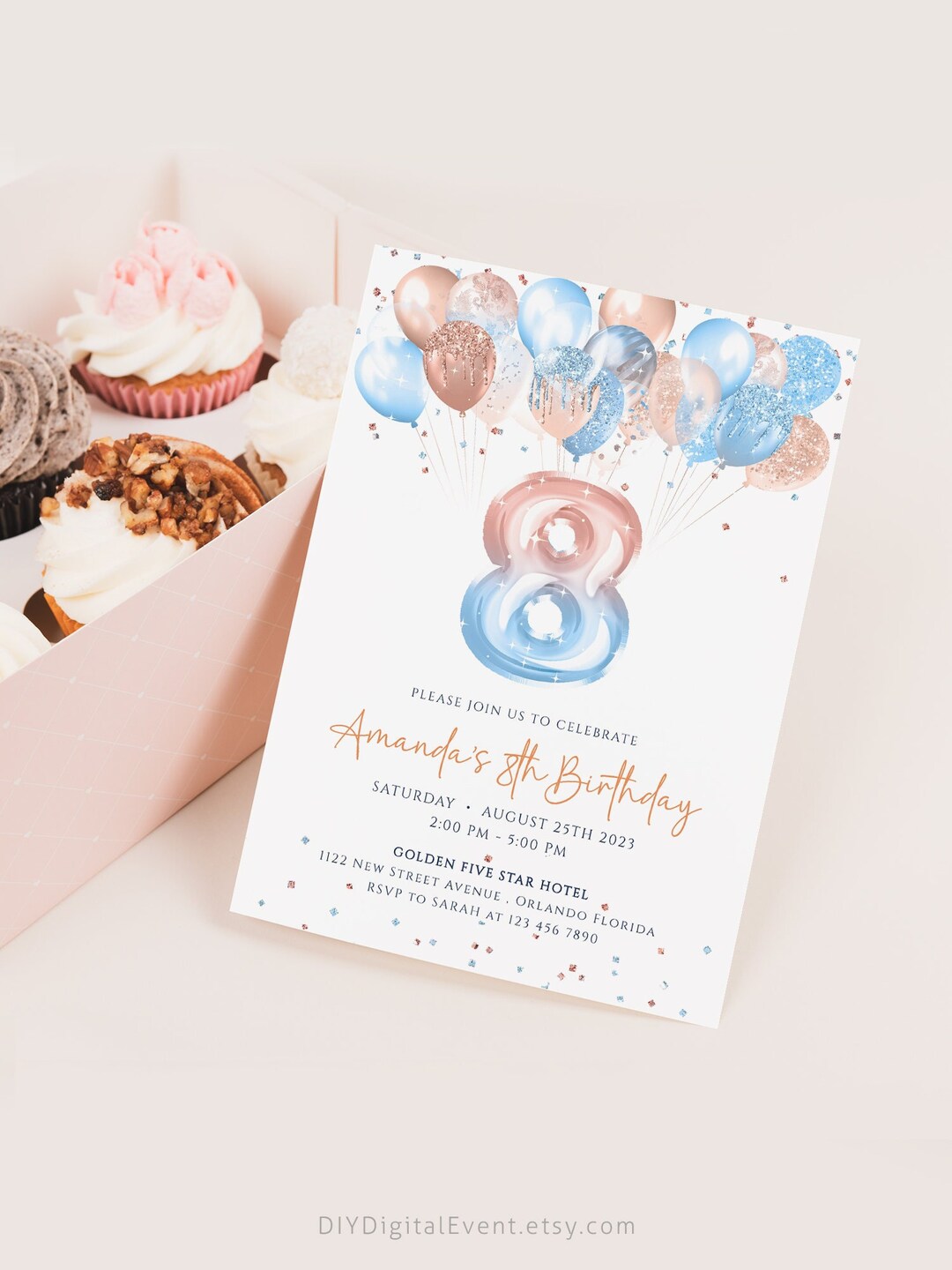 Editable 8th Birthday Invitation Template Rose Gold Blue Balloons 8th ...
