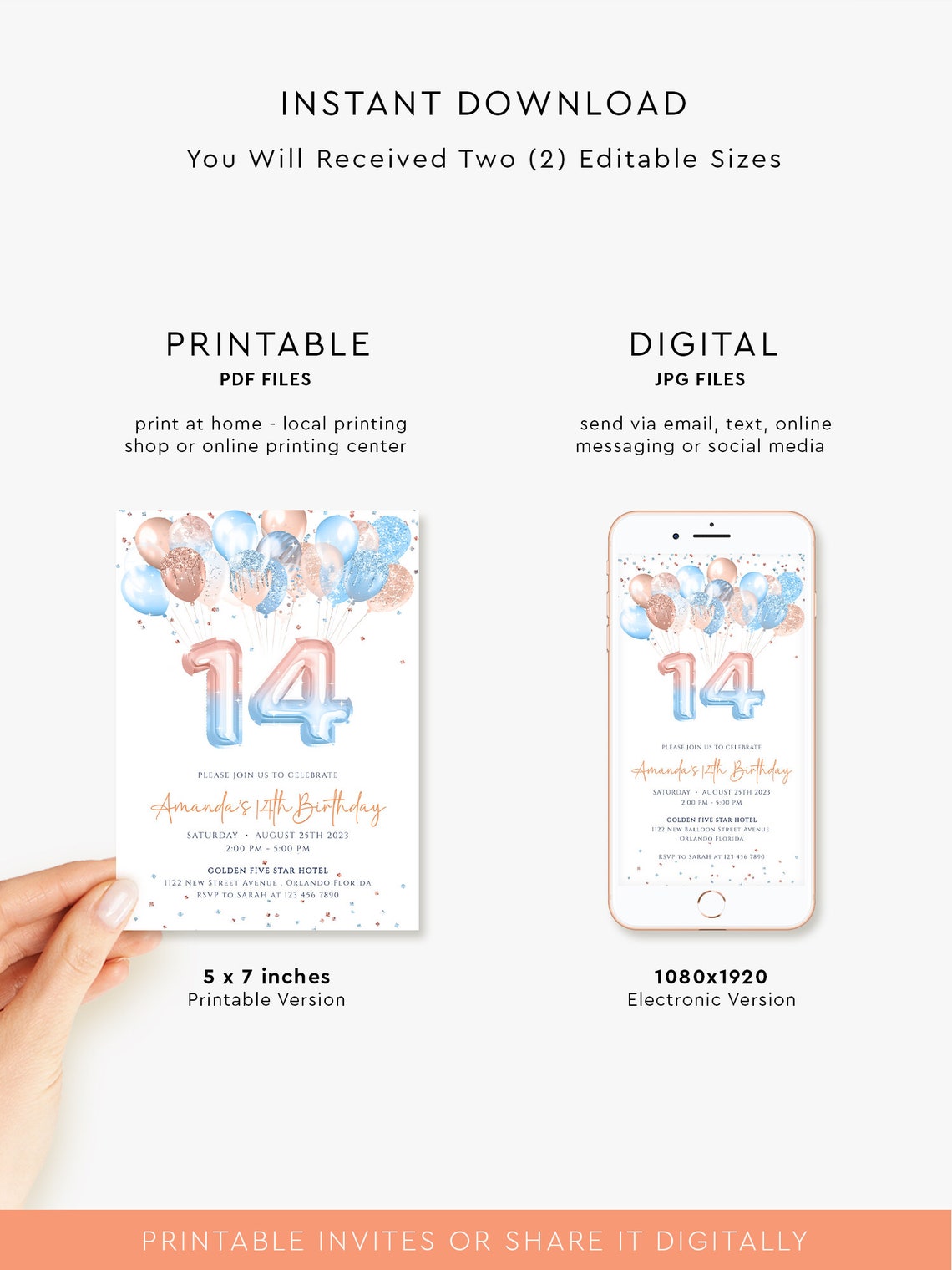 Editable 14th Birthday Invitation Template Rose Gold Blue Balloons 14th ...