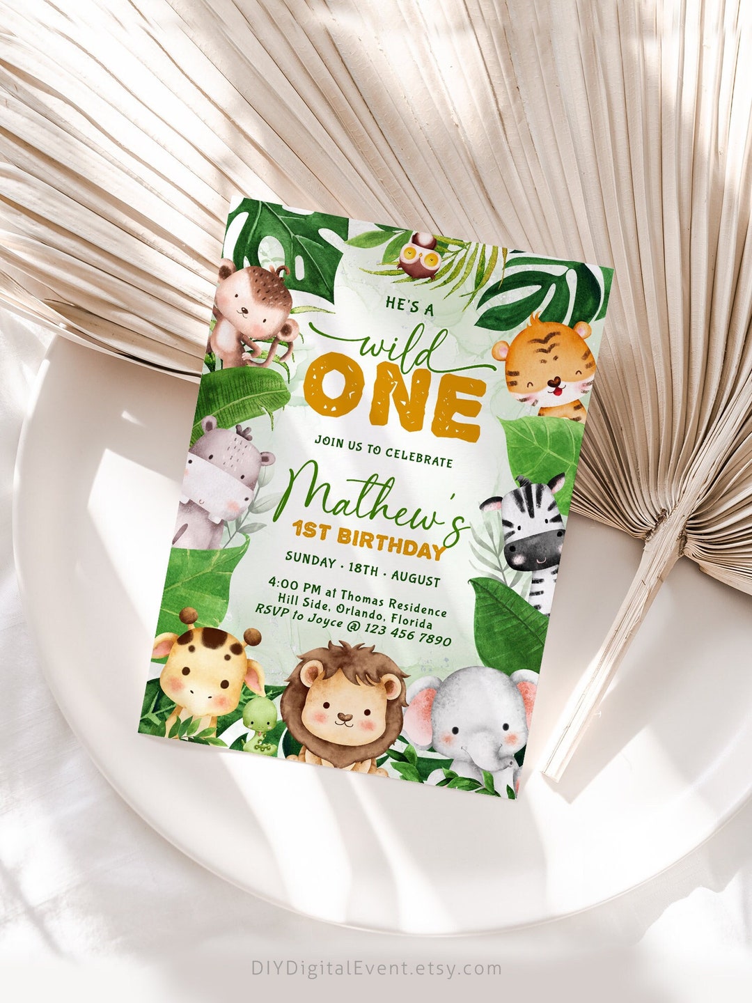 Editable Wild One Birthday Invitation Template Printable Safari Animals ...