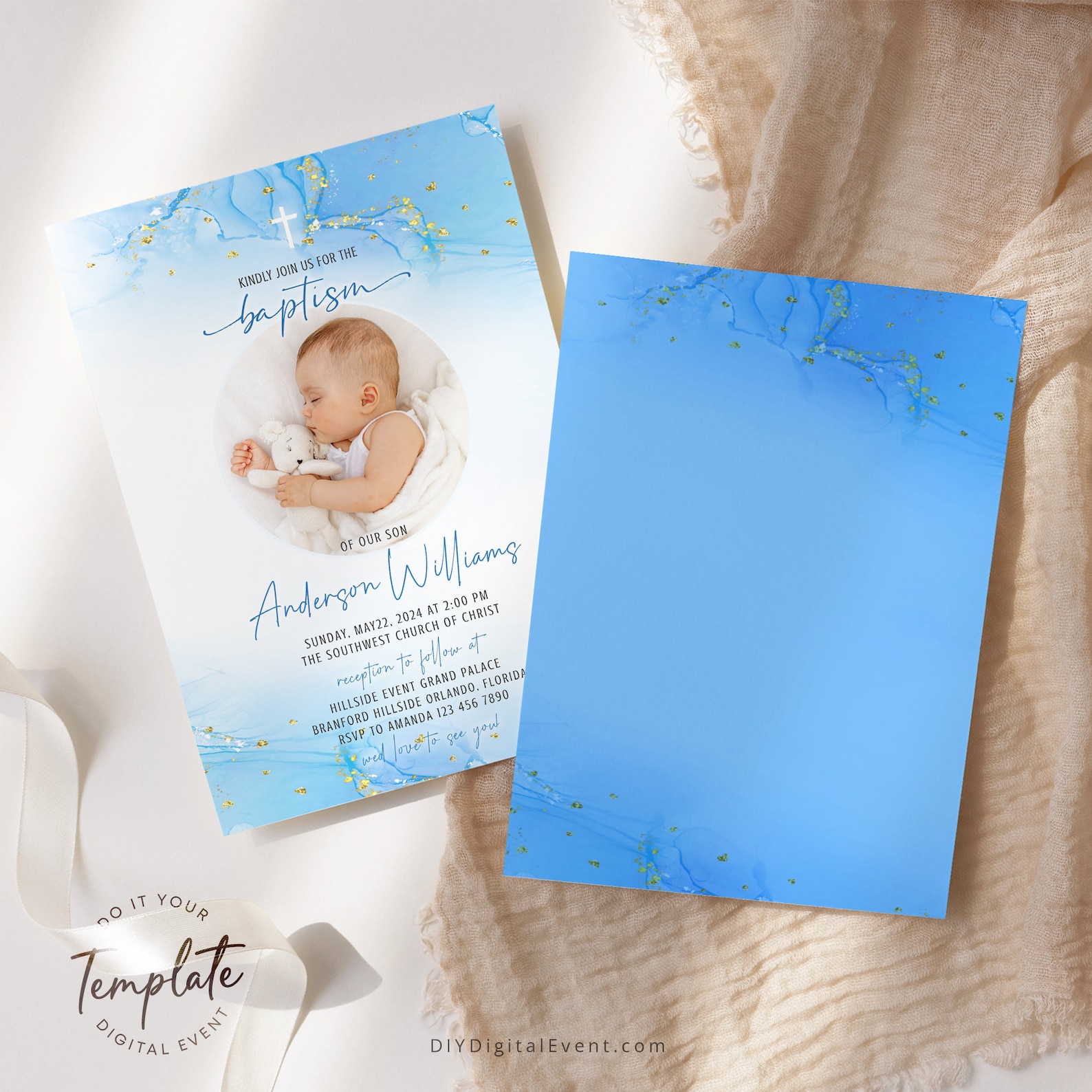 Editable Baptism Invitation Template Light Blue Christening Invitation ...