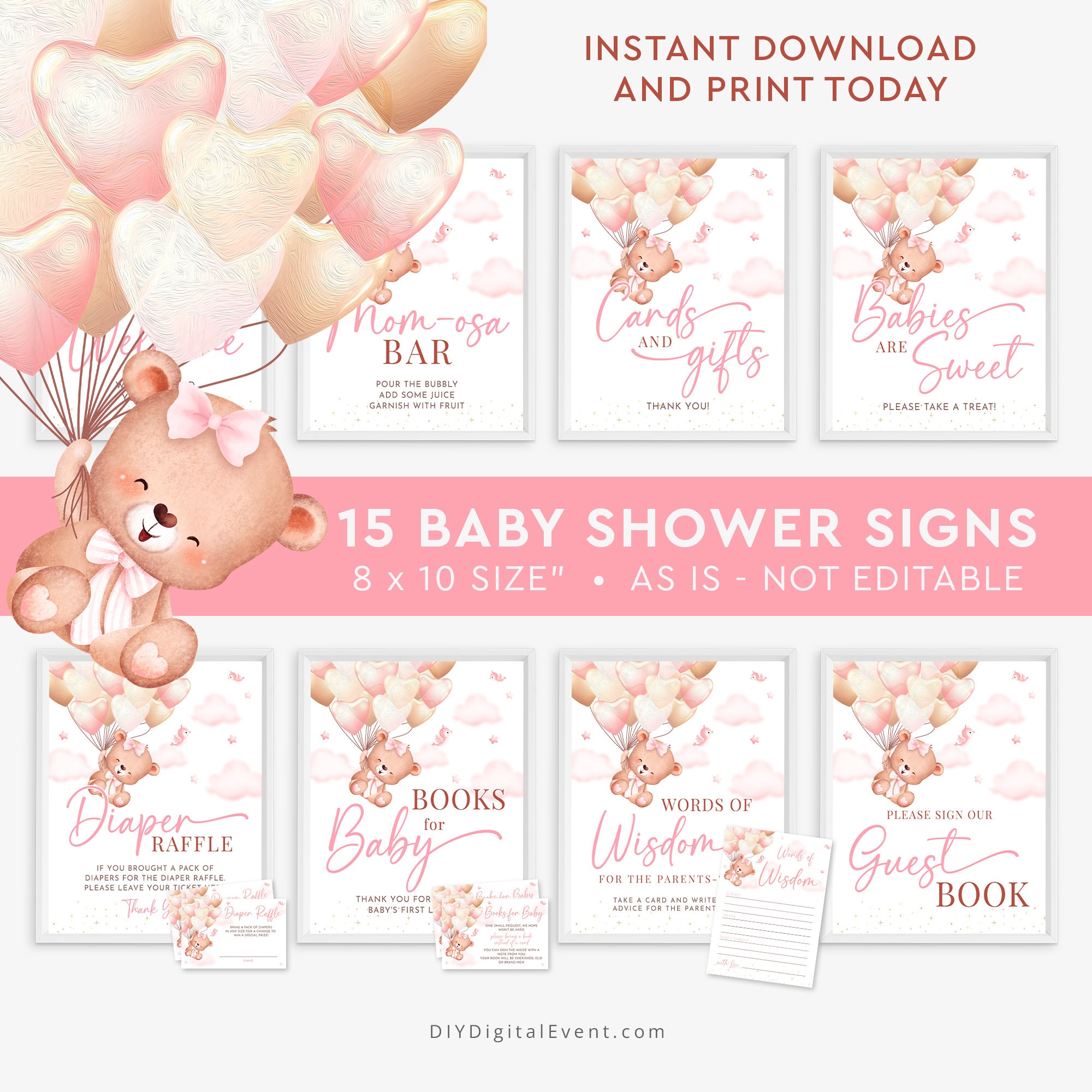 Teddy Bear Baby Shower Table Signs Bundle Printable Pink Bear - Etsy