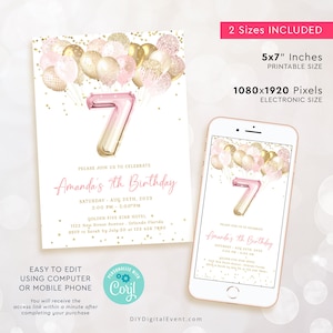 Editable 7th Birthday Invitation Template Gold Pink Glittery Balloons ...