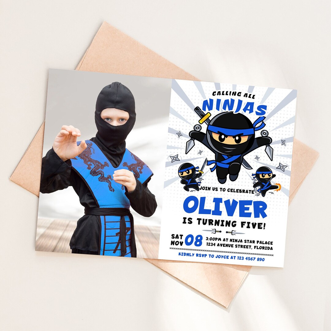 Editable Blue Ninja Birthday Invitation Template With Photo Printable ...