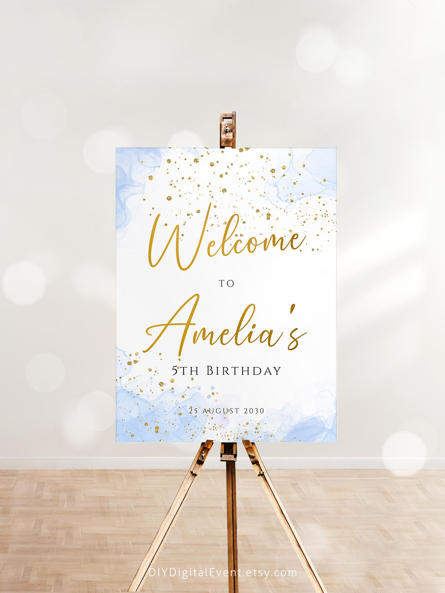 Blue Welcome Sign Template Editable Gold Glittery Birthday Welcome Sign ...