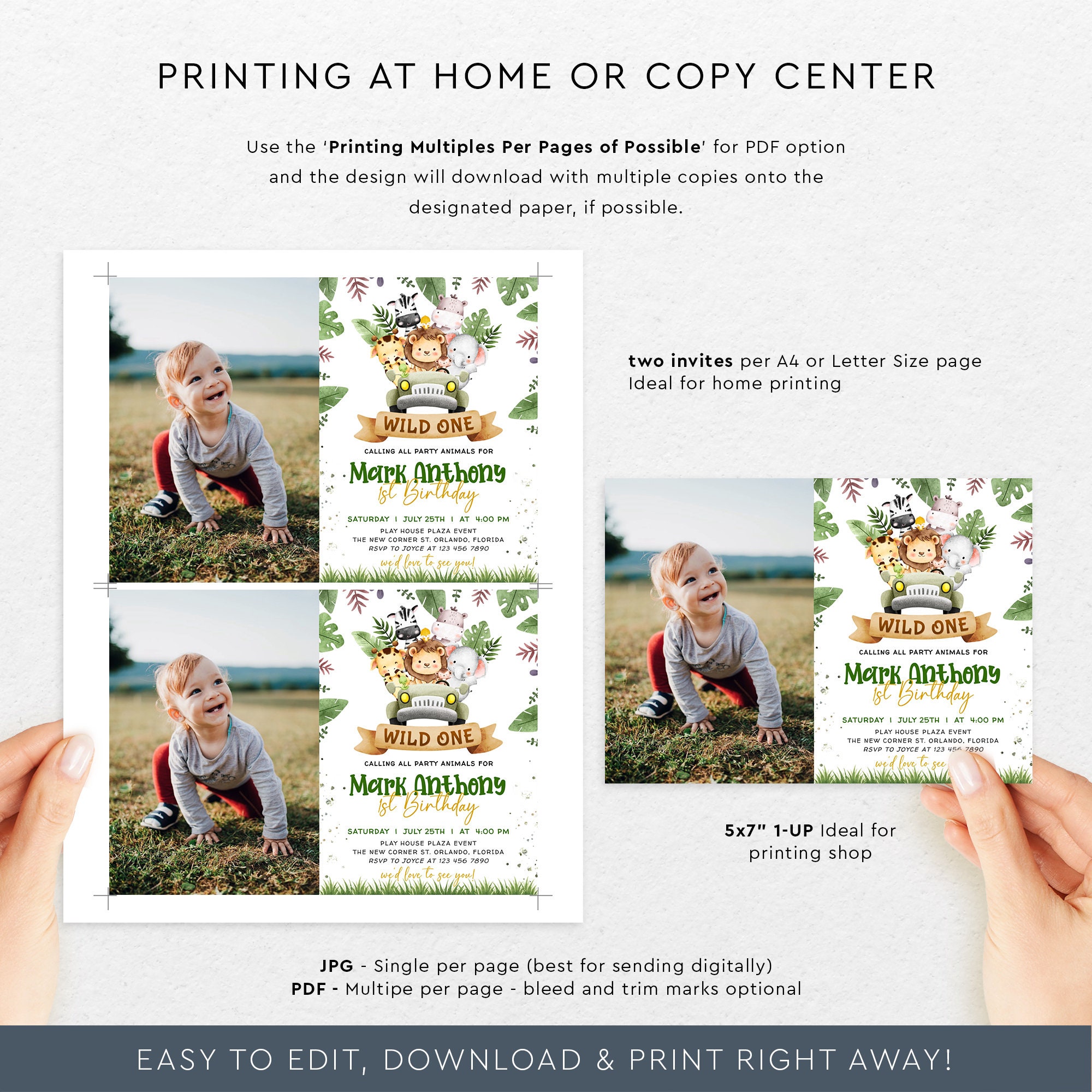 Safari Animals Birthday Invitation Template Printable Wild One Birthday ...