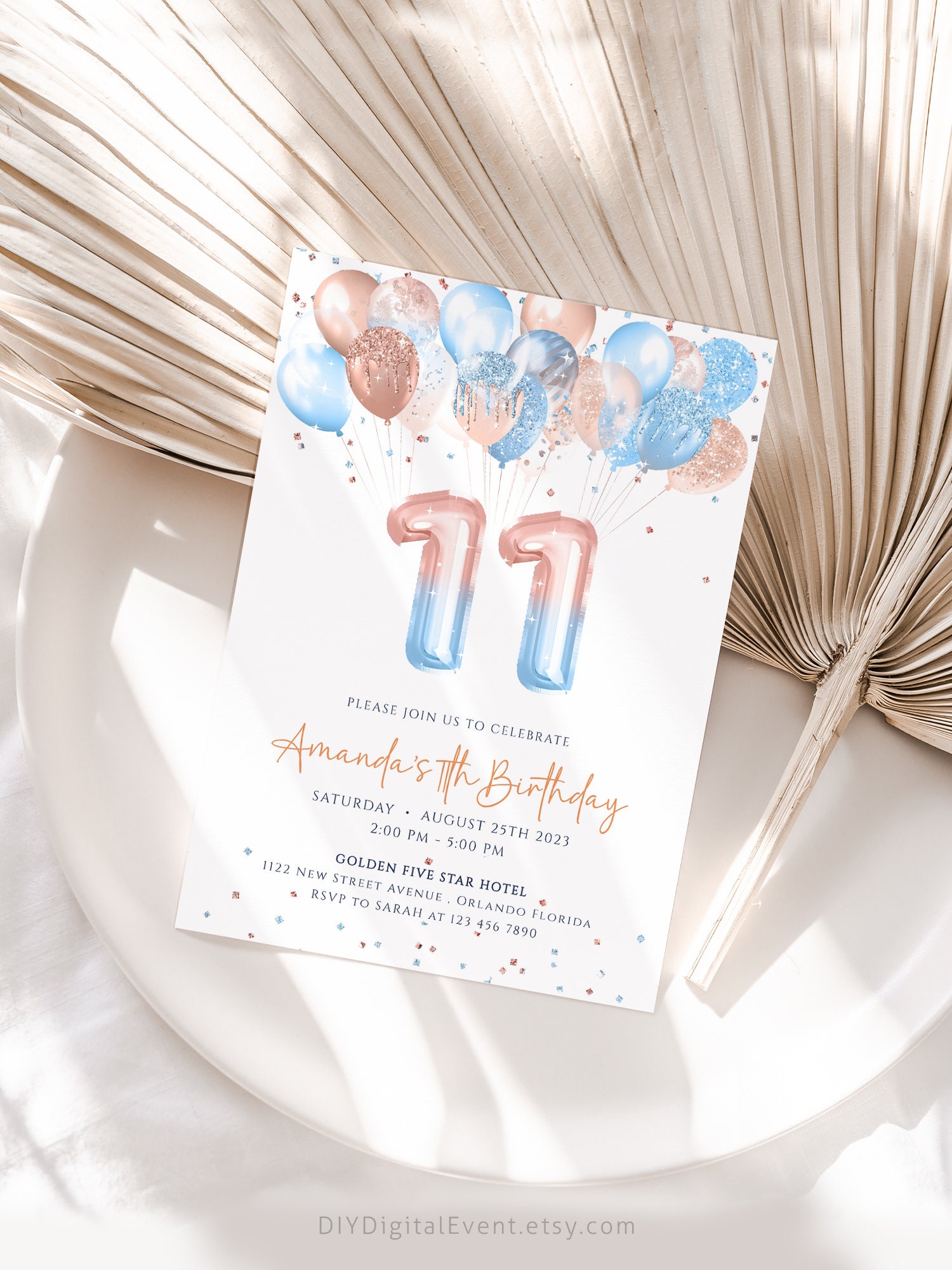 Editable 11th Birthday Invitation Template Rose Gold Blue Balloons 11th ...