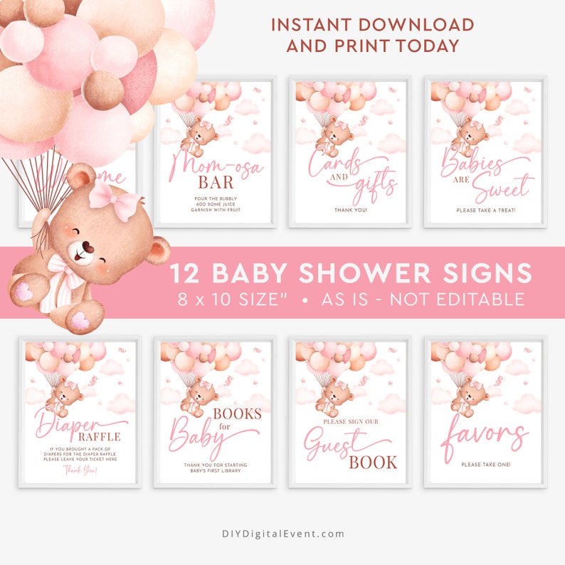 Teddy Bear Baby Shower Table Signs Bundle Printable Pink Bear - Etsy