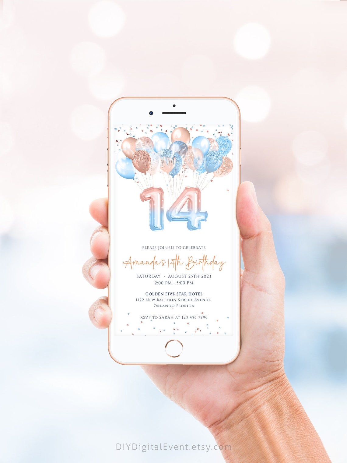 Editable 14th Birthday Invitation Template Rose Gold Blue Balloons 14th ...