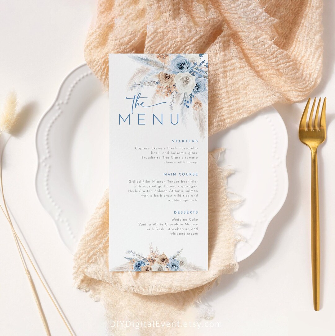 Editable Blue Boho Menu Template Blue Foral Mene Party Dusty Blue ...