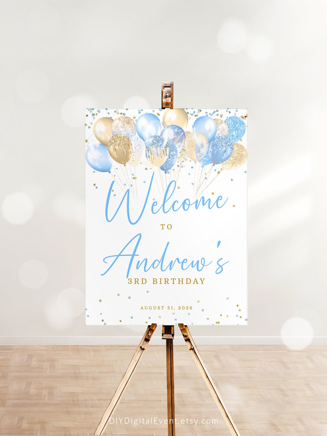 Gold and Blue Birthday Welcome Sign Template Editable Balloons Birthday ...