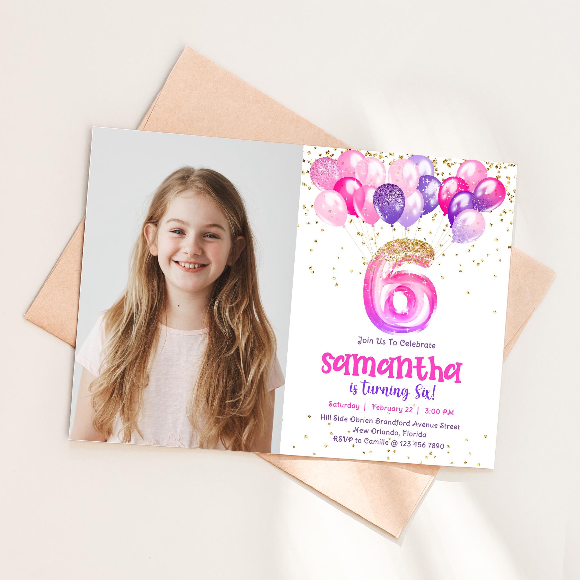 Editable 6th Birthday Invitation Template Glittery Purple Pink Balloons ...