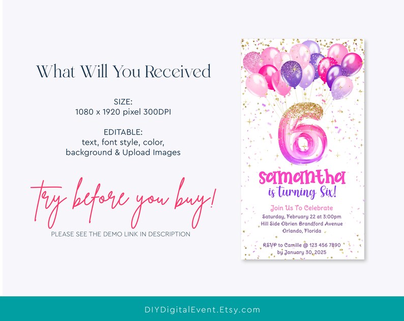 Pink 6th Birthday Invite Template Glittery Purple Pink | Etsy