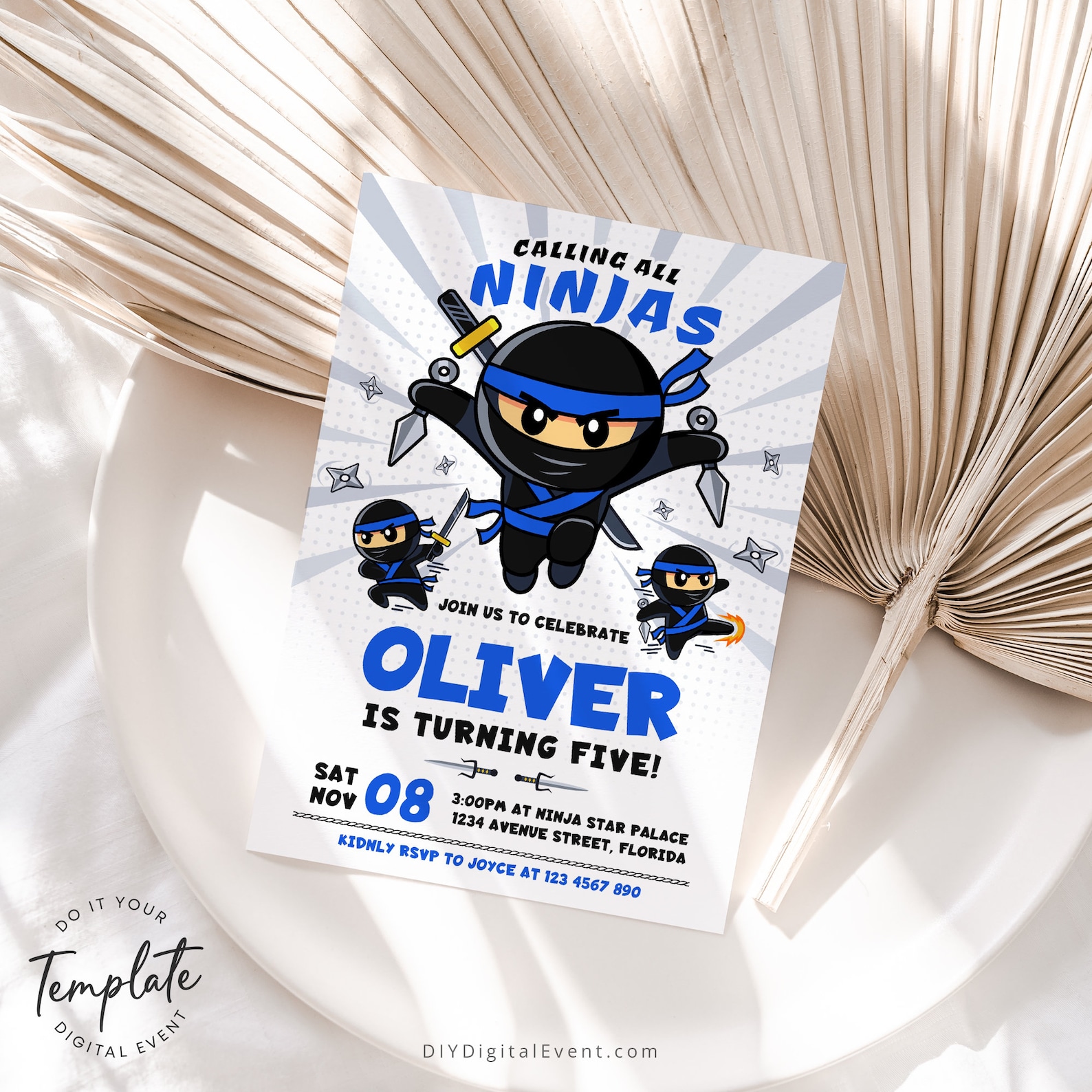 Editable Blue Ninja Birthday Invitation Template Printable Ninja ...