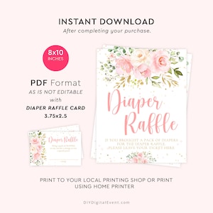 Baby Shower Diaper Raffles Sign and Raffle Tickets Blush Pink Floral ...