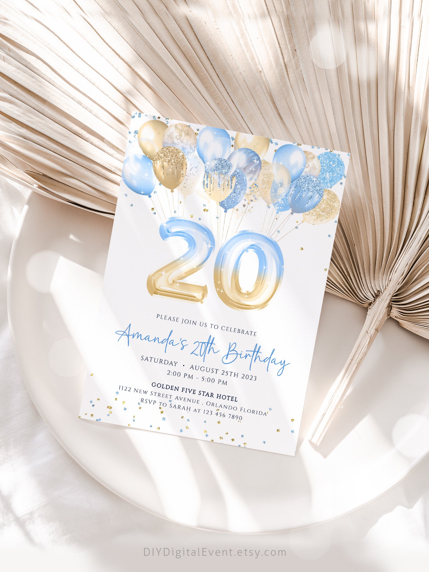 Editable 20th Birthday Invitation Template Blue Gold Glittery Balloons ...