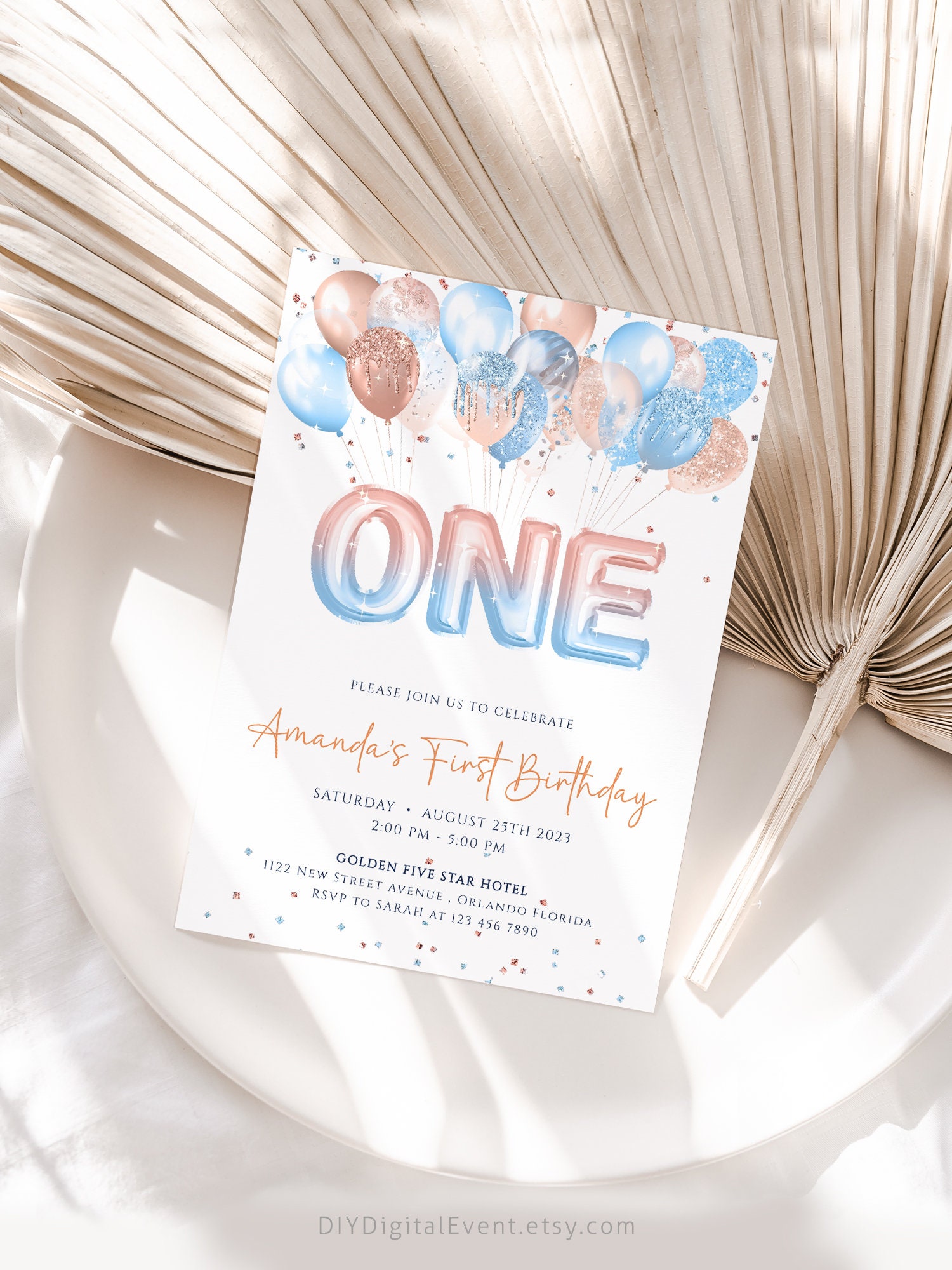 Editable 1st Birthday Invitation Template Rose Gold Blue Balloons 1st ...